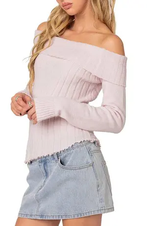 EDIKTED Sonya Foldover Ribbed Sweater - Light-pink