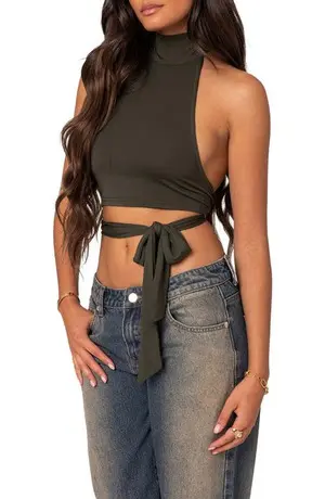 EDIKTED Hamlin Wrap Tie Halter Neck Crop Top - Olive