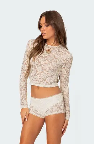 EDIKTED Estella Sheer Lace Crop Top - Cream
