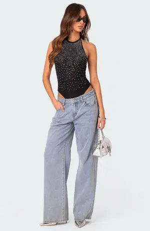 EDIKTED Rhinestone Mesh Halter Bodysuit