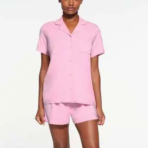SKIMS Sleep Short Sleeve Button Up Set Bubble Gum