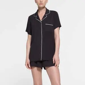 SKIMS Sleep Short Sleeve Button Up Set Onyx Marble Trim