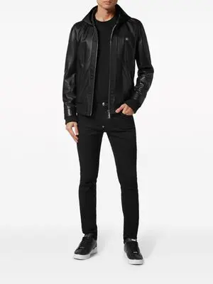 Philipp Plein Leather Hooded Bomber Jacket