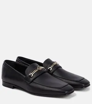 CHRISTIAN LOUBOUTIN Mj Moc Leather Loafers With Gold Tone Chain Detailing - Black
