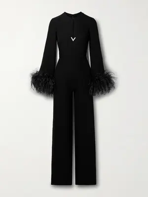 Valentino Garavani Cutout Embellished Feather-trimmed Jumpsuit - Black