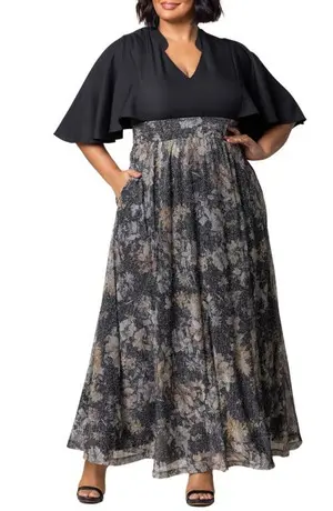 3/4 Sleeve Floral Maxi Dress with Pockets