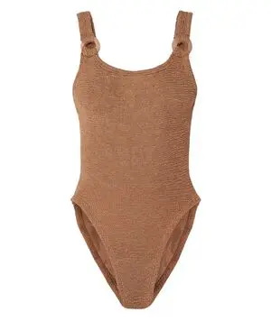 Hunza G Hunza G Domino Embellished Seersucker Swimsuit Brown