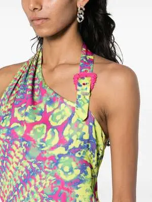 Versace Abstract-print Asymmetric Halterneck Dress