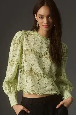 DOLAN LEFT COAST Mock-Neck Lace Blouse Green