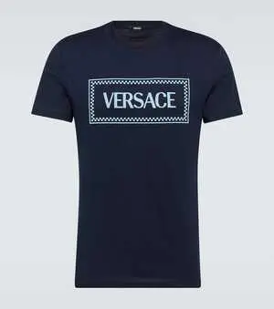 Versace Logo Embroidered Cotton Jersey T-shirt - Blue