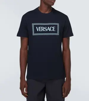 Versace Logo Embroidered Cotton Jersey T-shirt - Blue