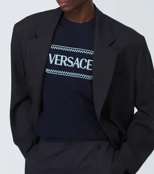 Versace Logo Embroidered Cotton Jersey T-shirt - Blue
