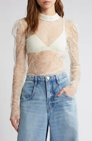 FRAME Sheer Lace Mock Neck Top