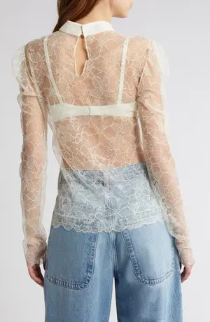 FRAME Sheer Lace Mock Neck Top
