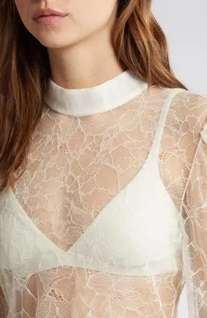 FRAME Sheer Lace Mock Neck Top