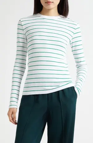 Vince Stripe Long Sleeve Crewneck Top - Emerald Combo