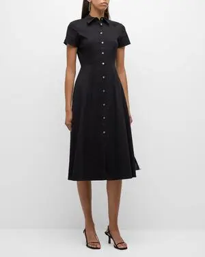 Theory Theory Linen Short-Sleeve Button-Front Midi Shirt Dress - Black