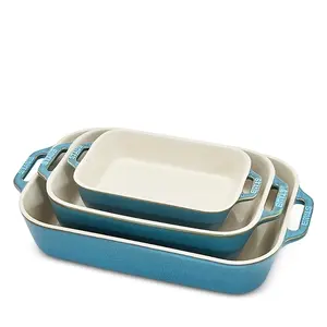 STAUB 3 Pc Rectangular Stoneware Bakers Set Blue