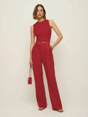 REFORMATION Alex Linen Mid Rise Pant Red