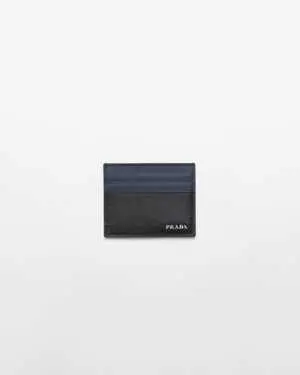 Prada Saffiano Leather Card Holder Black/baltic Blue