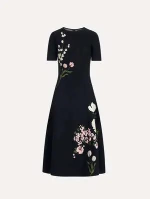 Oscar De La Renta Mixed Botanical Jacquard Dress - Navy