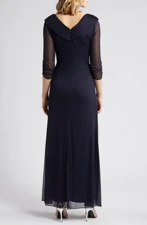 Alex Evenings Pleated Portrait Collar Chiffon Gown