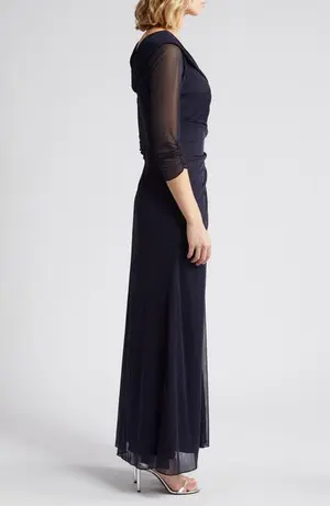 Alex Evenings Pleated Portrait Collar Chiffon Gown