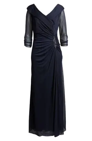 Alex Evenings Pleated Portrait Collar Chiffon Gown
