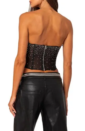 EDIKTED Crystal Embellished Strapless Mesh Corset Top - Black