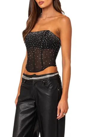 EDIKTED Crystal Embellished Strapless Mesh Corset Top - Black