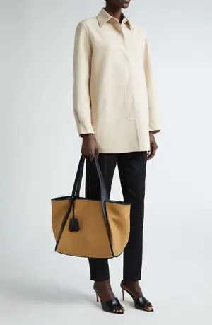 Akris Medium Alex Raffia & Leather Bucket Tote - 439 Camel/black