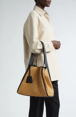 Akris Medium Alex Raffia & Leather Bucket Tote - 439 Camel/black