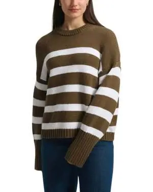 WHITE & WARREN Core Spun Cotton Striped Crewneck In Olive/cream - Brown