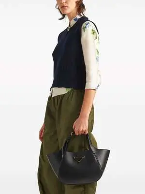 Prada Medium Leather Tote Bag With Enamel Triangle Logo