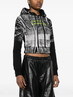 DIESEL® Cropped Hoodie With Marbled Print And Flocked Logo - Black