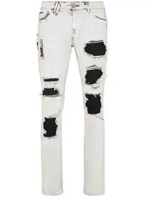 Philipp Plein Ripped Stonewashed Skinny Jeans - White