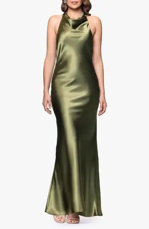 Betsy & Adam Halter Charmeuse Gown - Olive