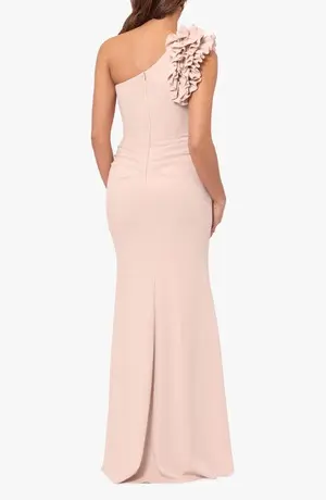 XSCAPE EVENINGS Ruffle One-shoulder Scuba Crepe Gown - Blush