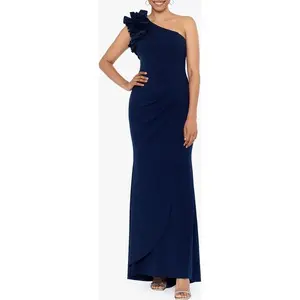 XSCAPE EVENINGS Ruffle One-shoulder Scuba Crepe Gown - Navy