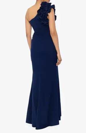 XSCAPE EVENINGS Ruffle One-shoulder Scuba Crepe Gown - Navy