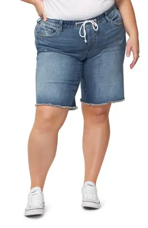 SLINK JEANS Frayed Hem Bermuda Denim Shorts - Hazel