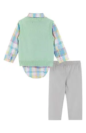 Andy & Evan Plaid Bodysuit And Sweater Vest Set - Light Green Plaid