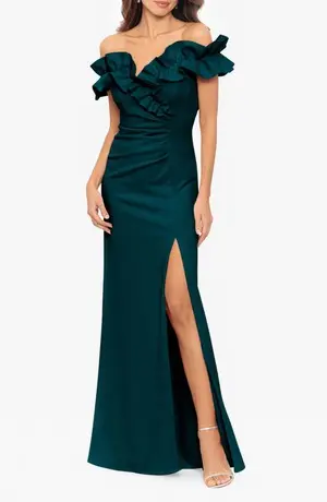 XSCAPE EVENINGS Ruffle Off-the-shoulder Ruched Gown