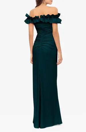 XSCAPE EVENINGS Ruffle Off-the-shoulder Ruched Gown