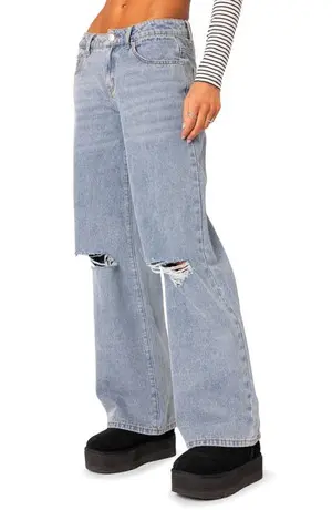 EDIKTED Debbie Ripped Wide Leg Jeans - Light-blue