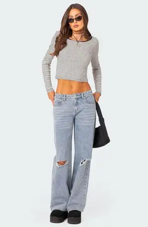 EDIKTED Debbie Ripped Wide Leg Jeans - Light-blue