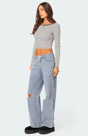 EDIKTED Debbie Ripped Wide Leg Jeans - Light-blue