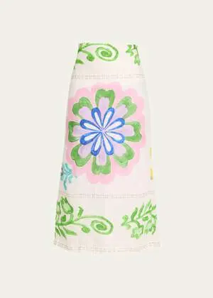 Silvia Tcherassi Atira Printed Linen Midi Skirt - Multicolor Floral