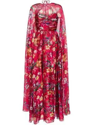 Marchesa Ribbon Floral-print Cape Gown