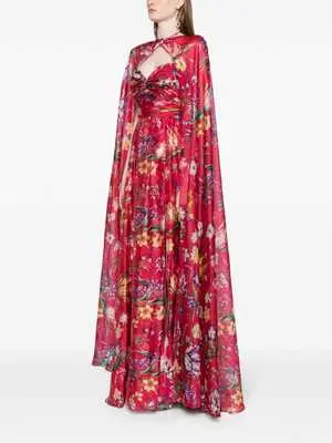 Marchesa Ribbon Floral-print Cape Gown